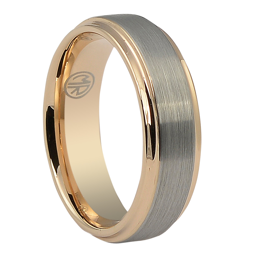 Brushed Rose Gold and Silver Ridge Edge Tungsten Men's Ring (now ftr-146)